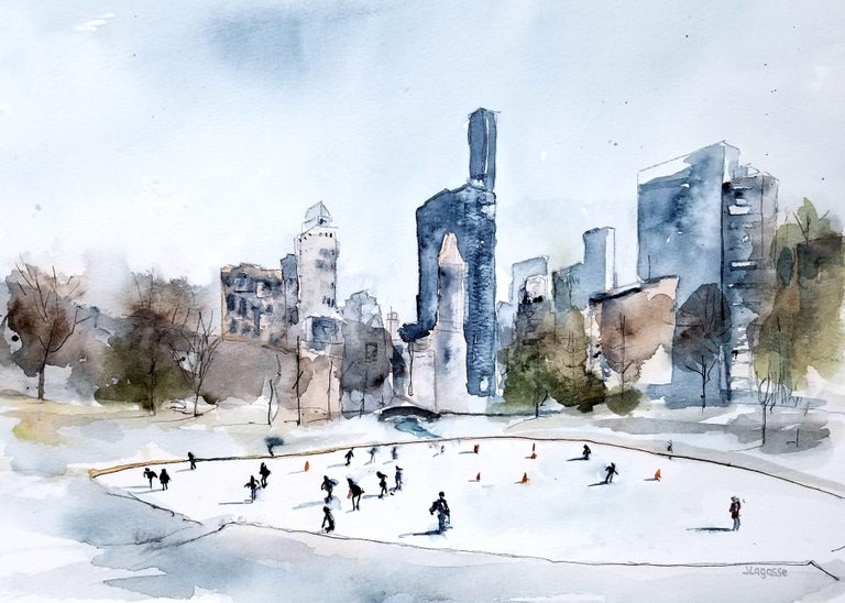 Jim Lagasse - Central Park Skating, Painting, Watercolour on ...
