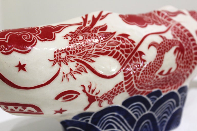 Abbey Kuhe - "Whale" with Chinese Dragon, carved sgraffito ceramics ...