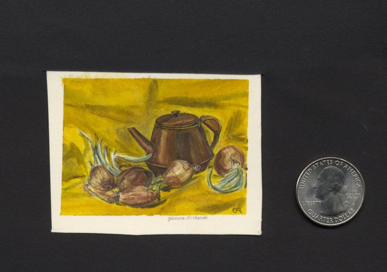 Glenora Richards - Brown teapot surrounded by red onions on Yellow ...