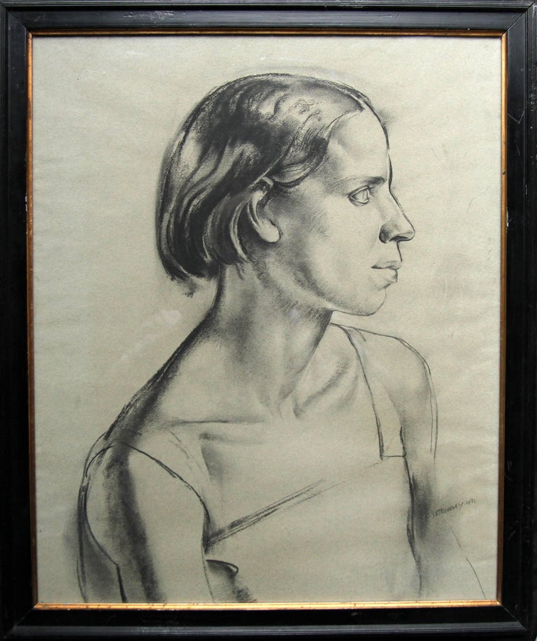 James Stroudley - Portrait of a Young Woman - Art Deco charcoal pencil ...