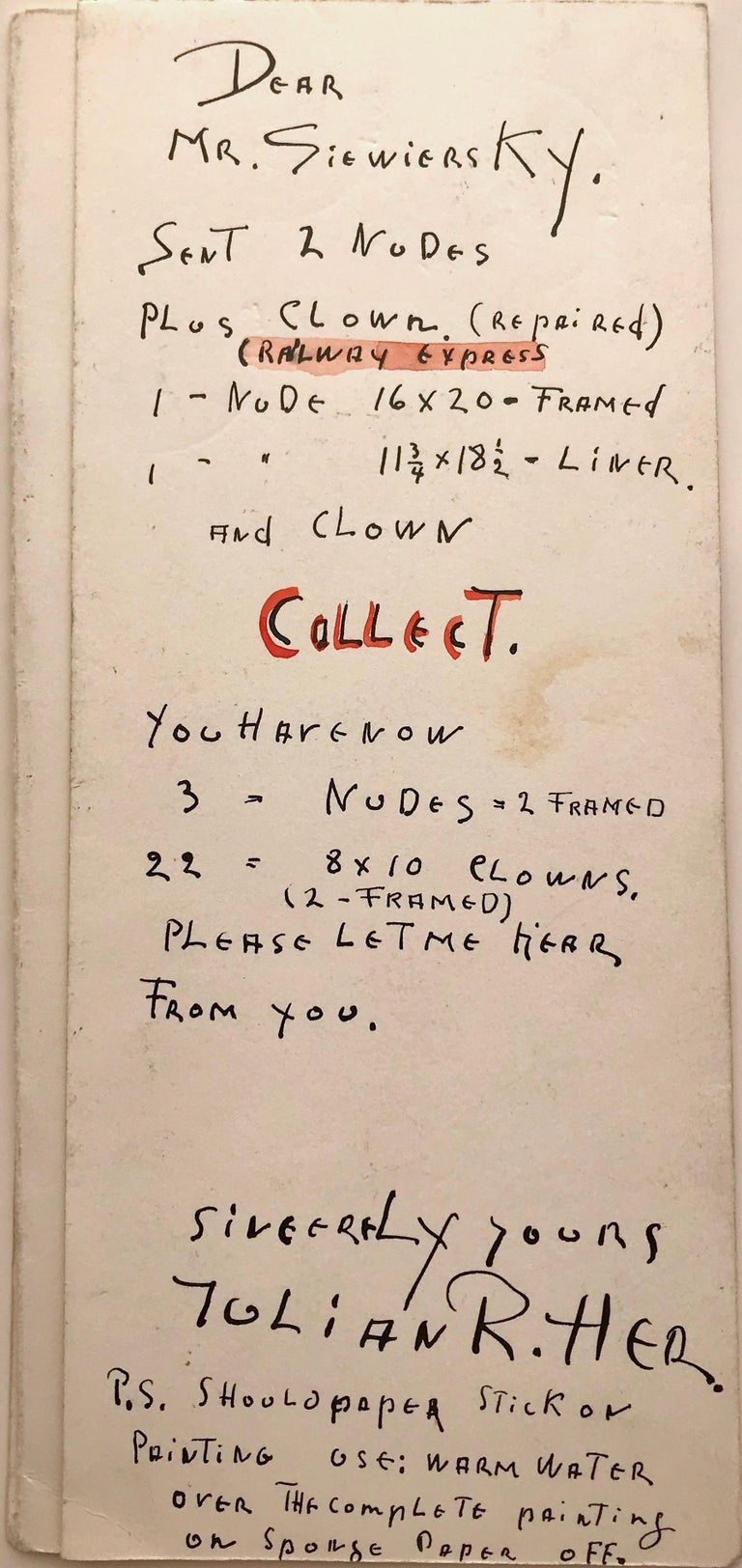 Julian Ritter - Julian Ritter (American 1909 - 2000); Postcard letter ...