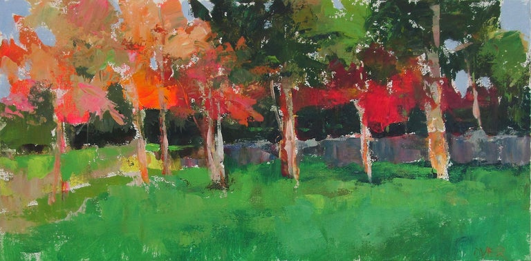 Janet Dyer - Trees by Wall, Autumn, Original Painting For Sale at 1stDibs