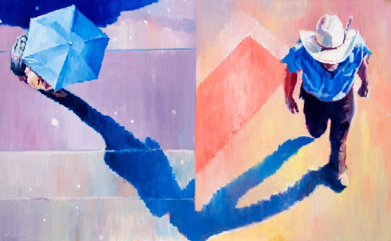 Warren Keating - Blue Umbrella and Cowboy, Oil Painting For Sale at 1stDibs