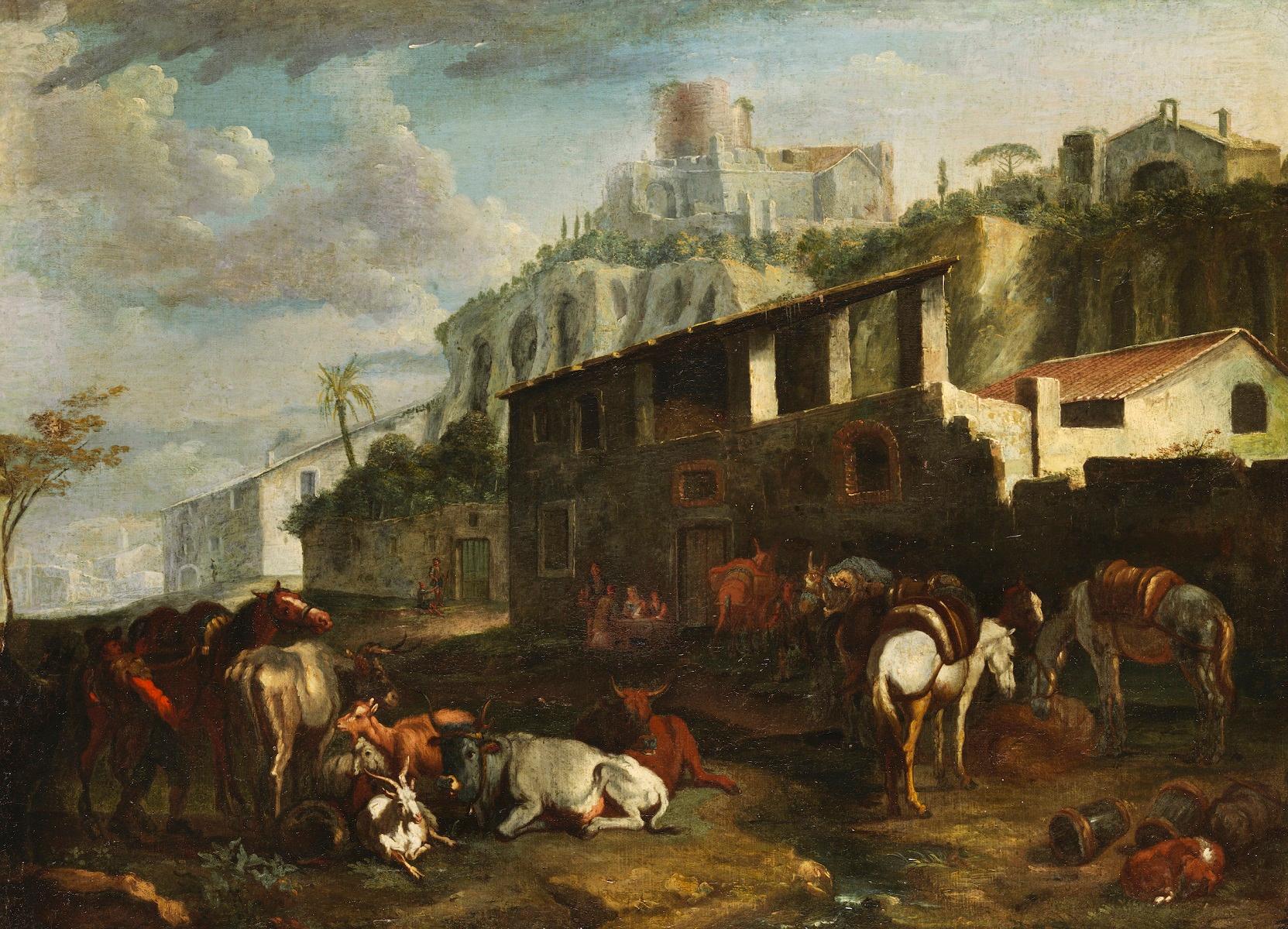 Landscape Paint Oil on canvas 18th Century Old master Roma Italy River ...