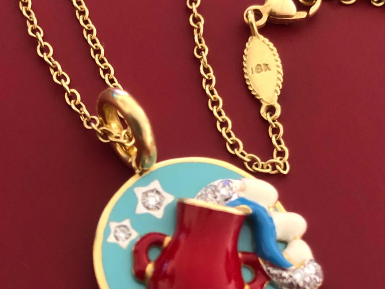 Aaron Basha Aquarius Enamel Diamond Pendant and Chain in 18k Yellow ...