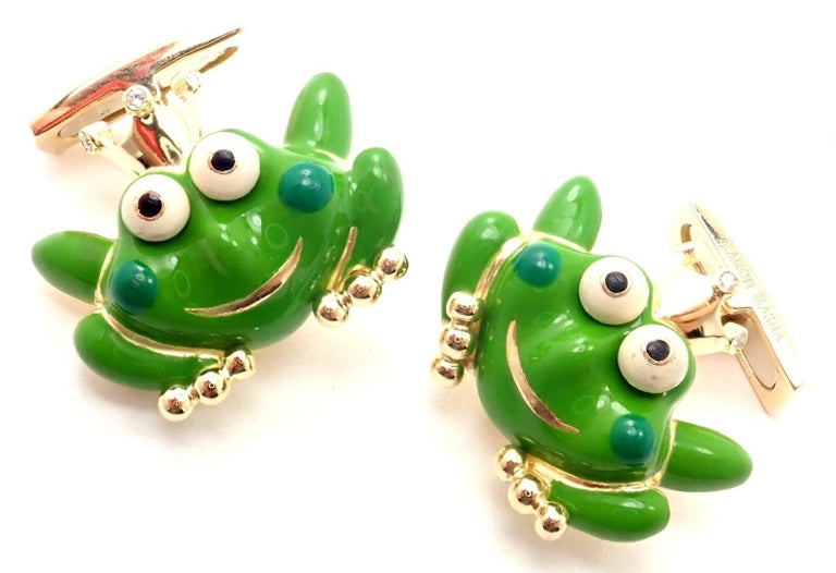 Aaron Basha Diamond Enamel Frog Prince Yellow Gold Cufflinks For Sale ...