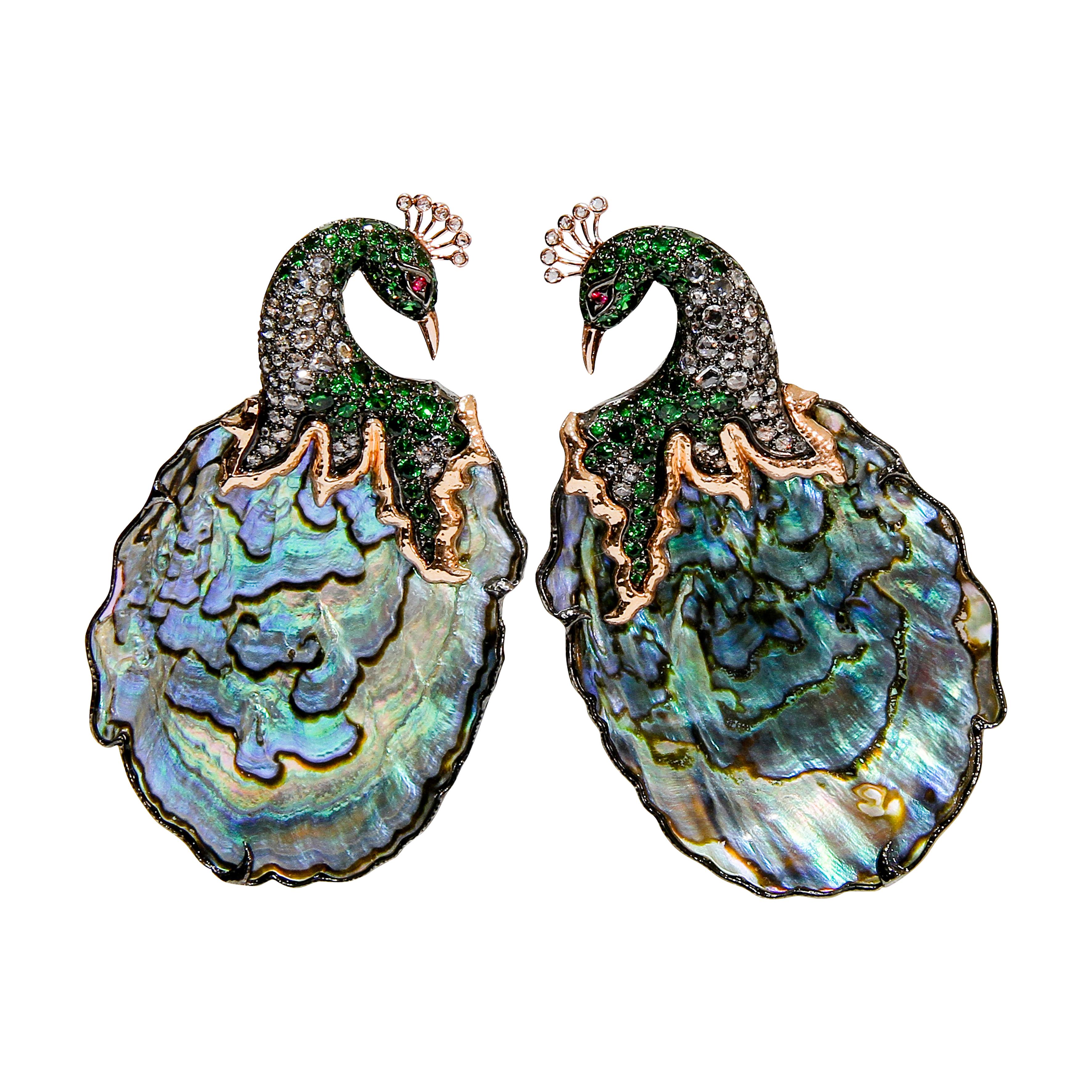 Abalone Shell Diamonds Gold Silver Peacock Drop Earrings For Sale at ...