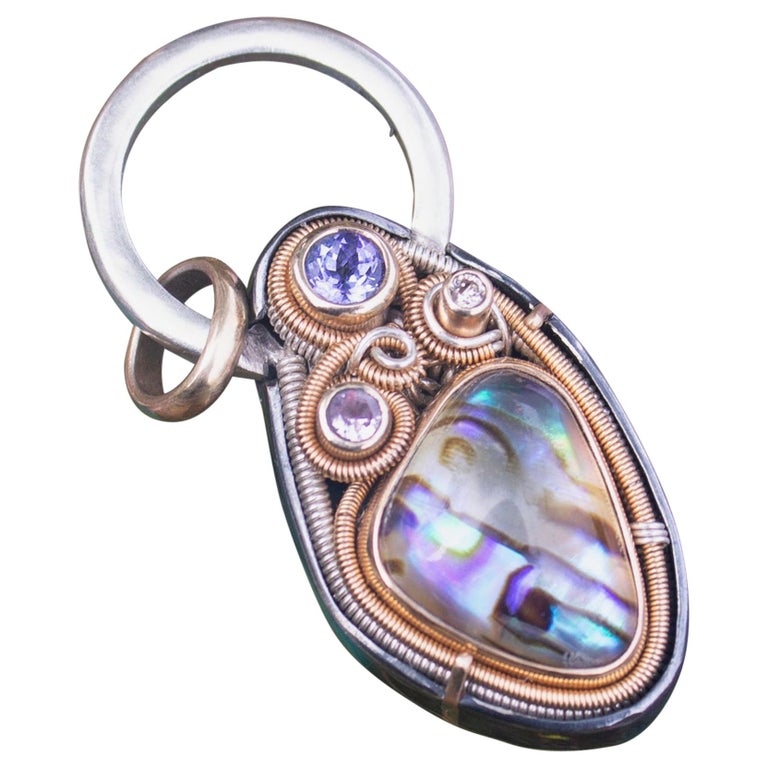 Abalone Shell Quartz Tanzanite Spinel Diamond Wire Wrapped Pendant For ...