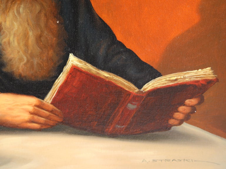 Abraham Straski - Rabbi Reading by Candlelight , Oil Painting by ...