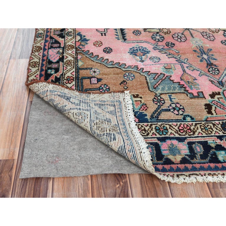 Abrash Pink Hand Knotted Vintage Persian Hamadan Cropped Thin Worn Wool ...