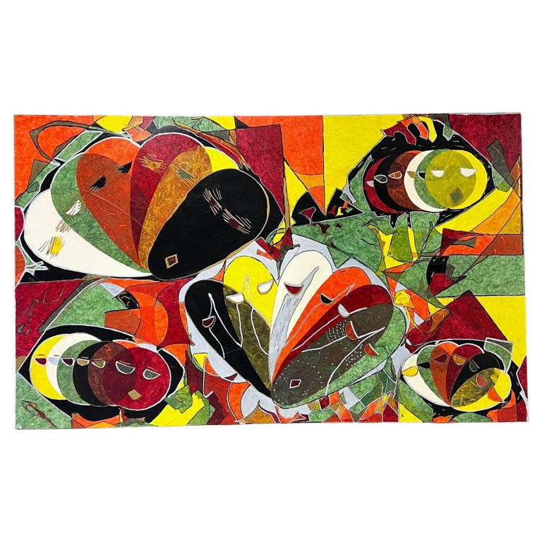 Abstract Art Faces Signed L Murphy Painting Acrylic on Canvas For Sale ...