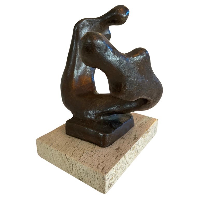 Abstract Bronze Sculpture on Travertine Base, 1976 For Sale at 1stDibs