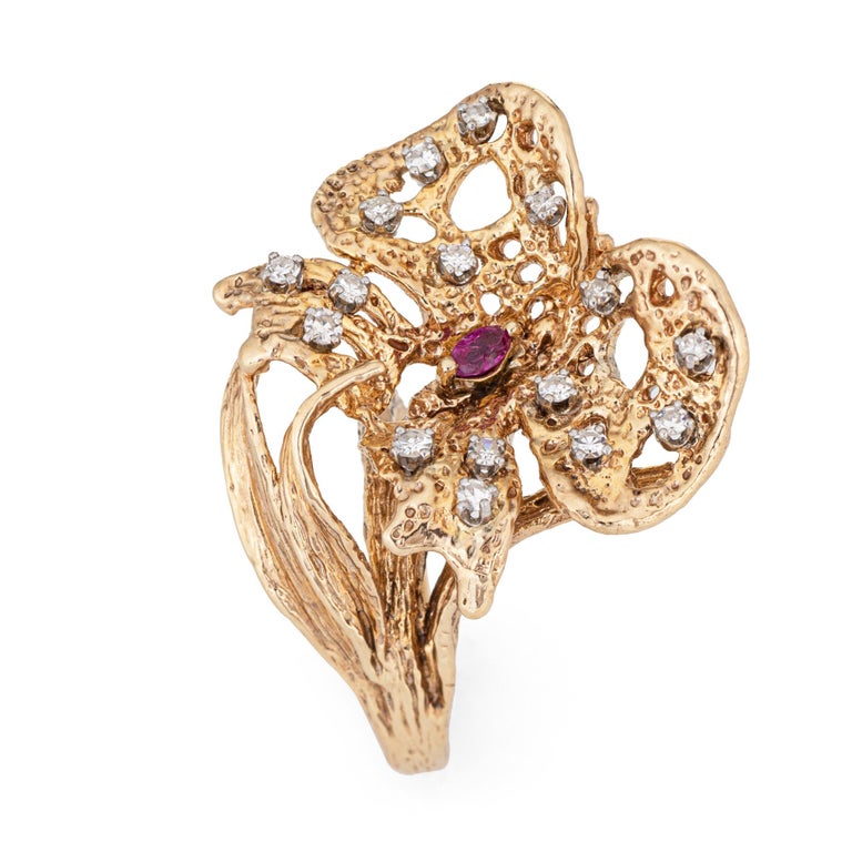 Abstract Butterfly Ring Vintage 14k Yellow Gold Diamond Ruby Fine ...