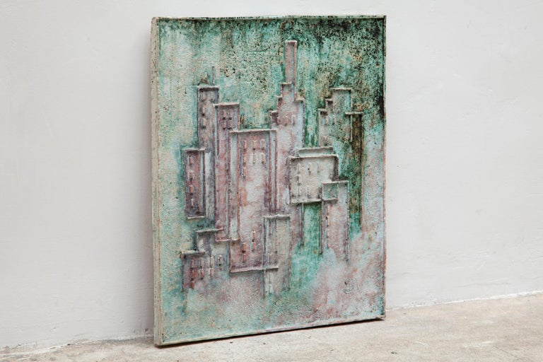 Abstract Cityscape Ceramic Relief in Green Tones, 1970s For Sale at 1stDibs