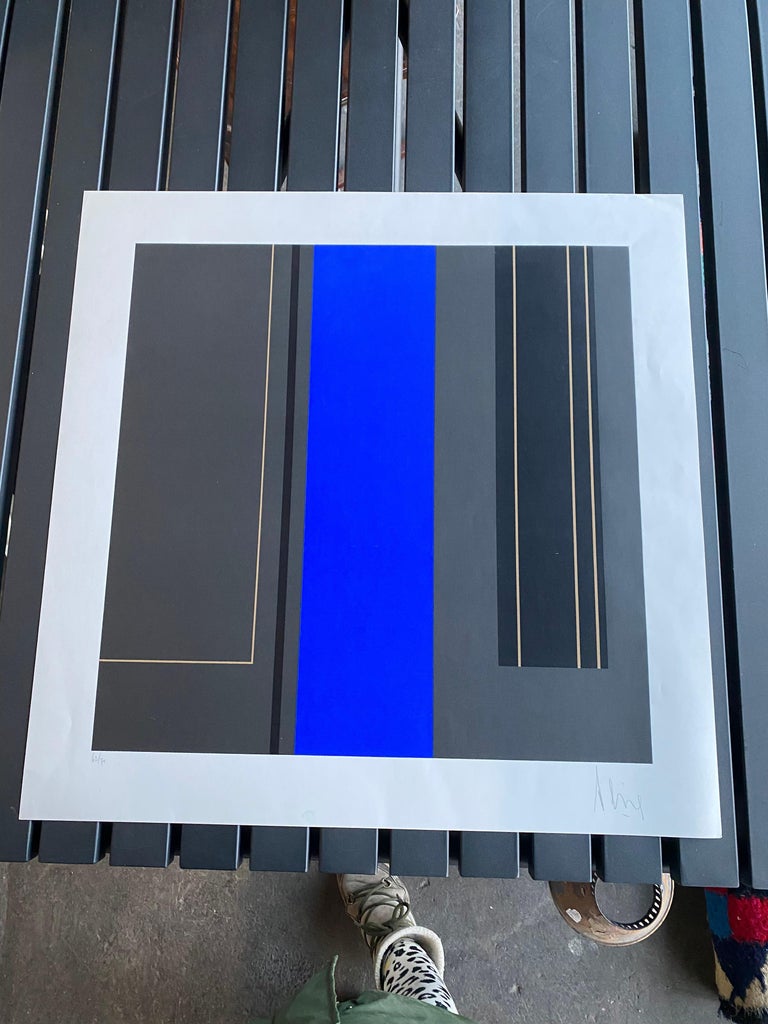 Abstract Color Screenprint by Luc Peire, Geometric Shapes in Blue and Black For Sale at 1stDibs