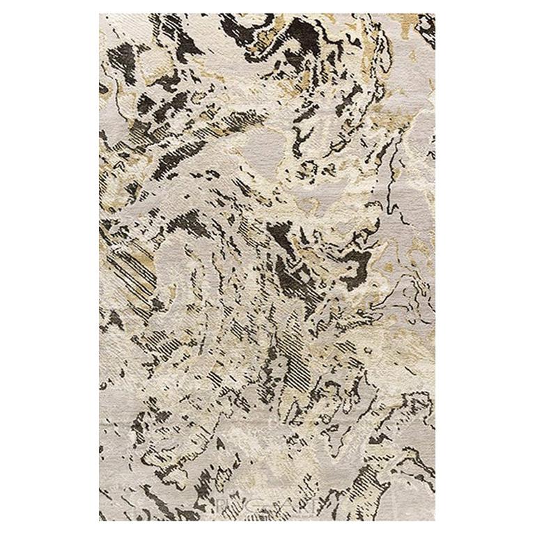 Abstract Contemporary Area Rug in Gold Black, Handmade of Wool, Silk ...