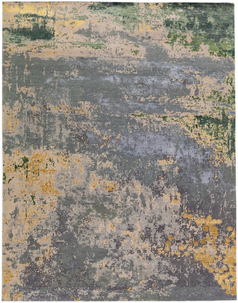 Abstract Contemporary Wool and Silk Rug Handmade In Gray For Sale at ...