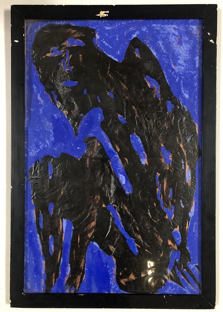 Abstract Expressionism Chicken and Man Blue Painting Pair, Unsigned For ...