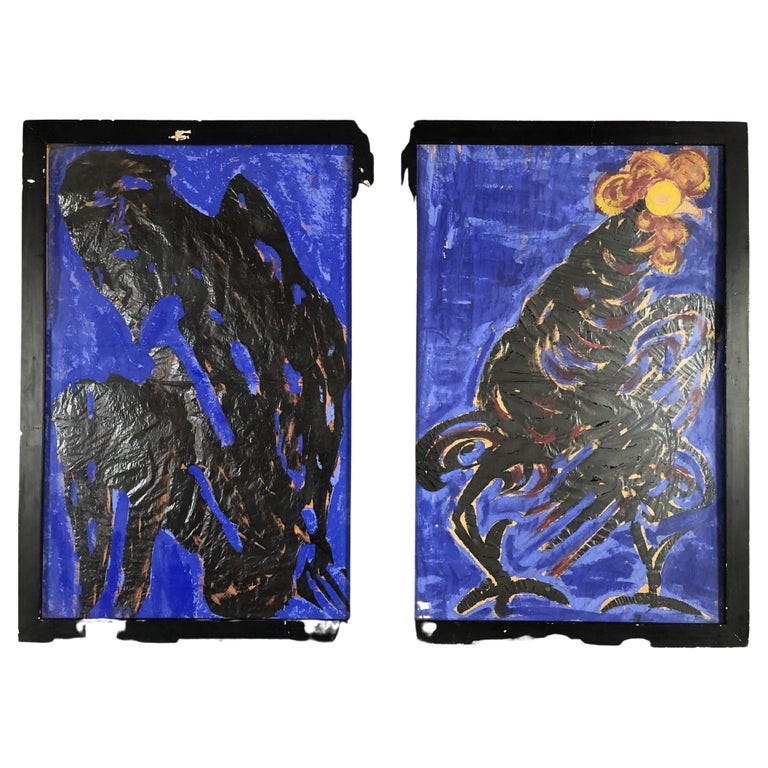 Abstract Expressionism Chicken and Man Blue Painting Pair, Unsigned For ...