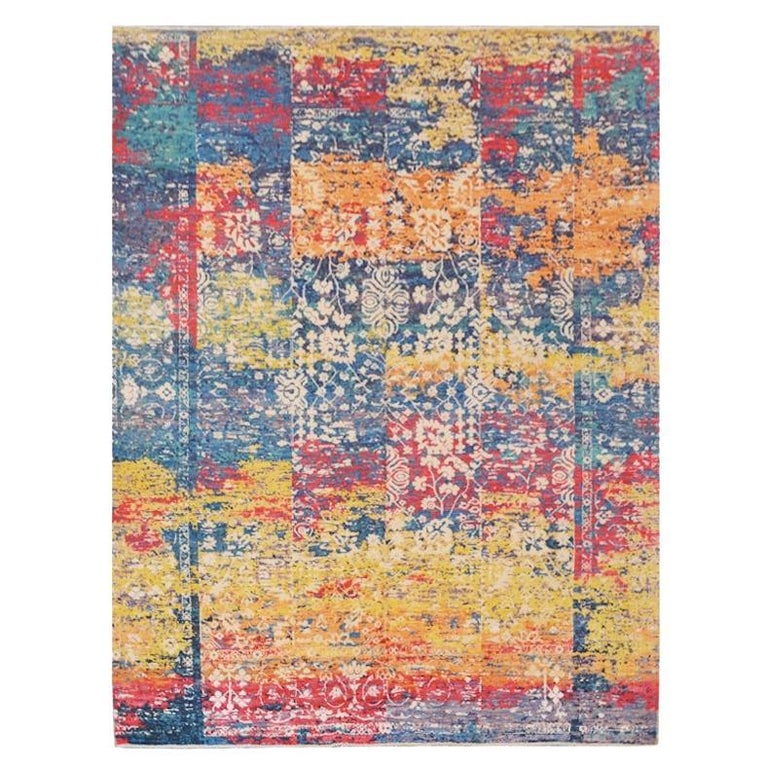 Abstract Handmade Silk and Wool Rug Multicolor Design For Sale at 1stDibs