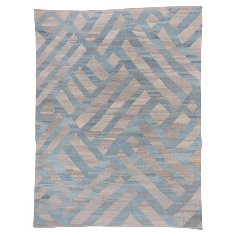 Abstract Light Blue and Gray Flatweave Area Rug For Sale at 1stDibs