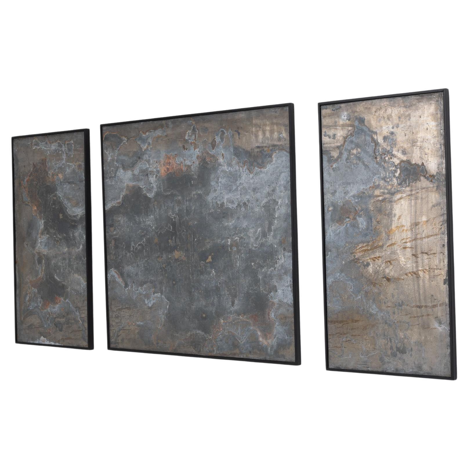 Abstract Metal Triptych in Wooden Frame For Sale at 1stDibs