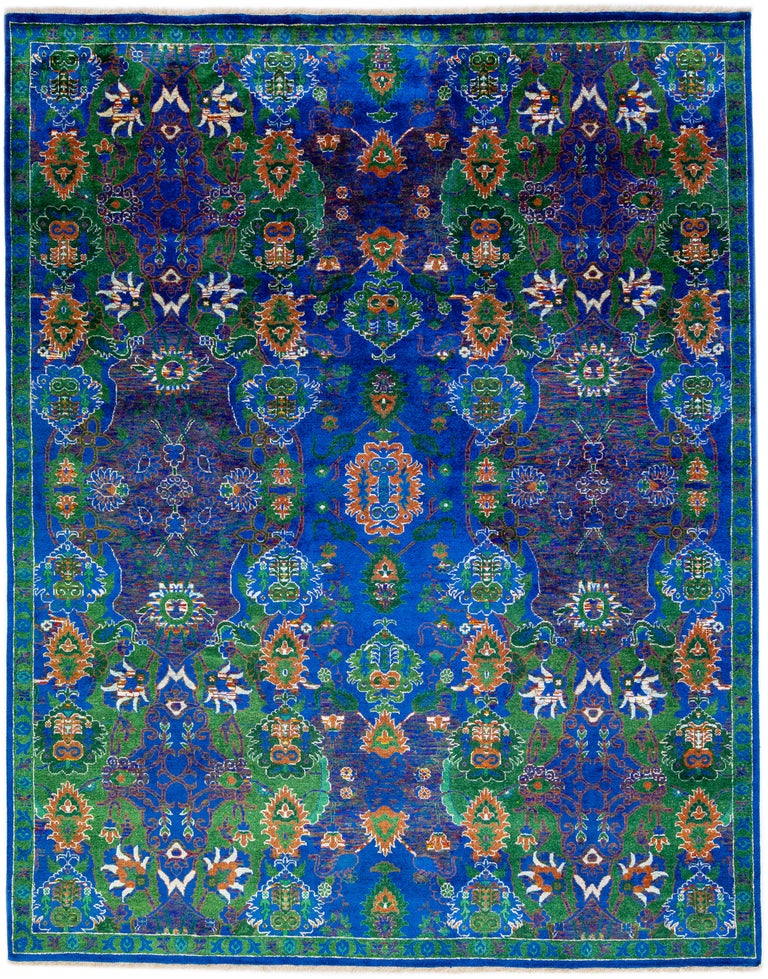Abstract Modern Wool and Silk Rug Allover Designed In Blue and Green ...