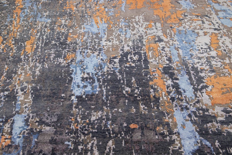 Abstract Modern Wool and Silk Rug Handmade in Gray and Orange For Sale ...