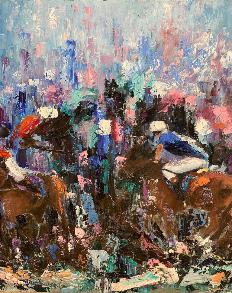 Abstract Oil on Canvas Painting Horse Racing, Signed For Sale at 1stDibs