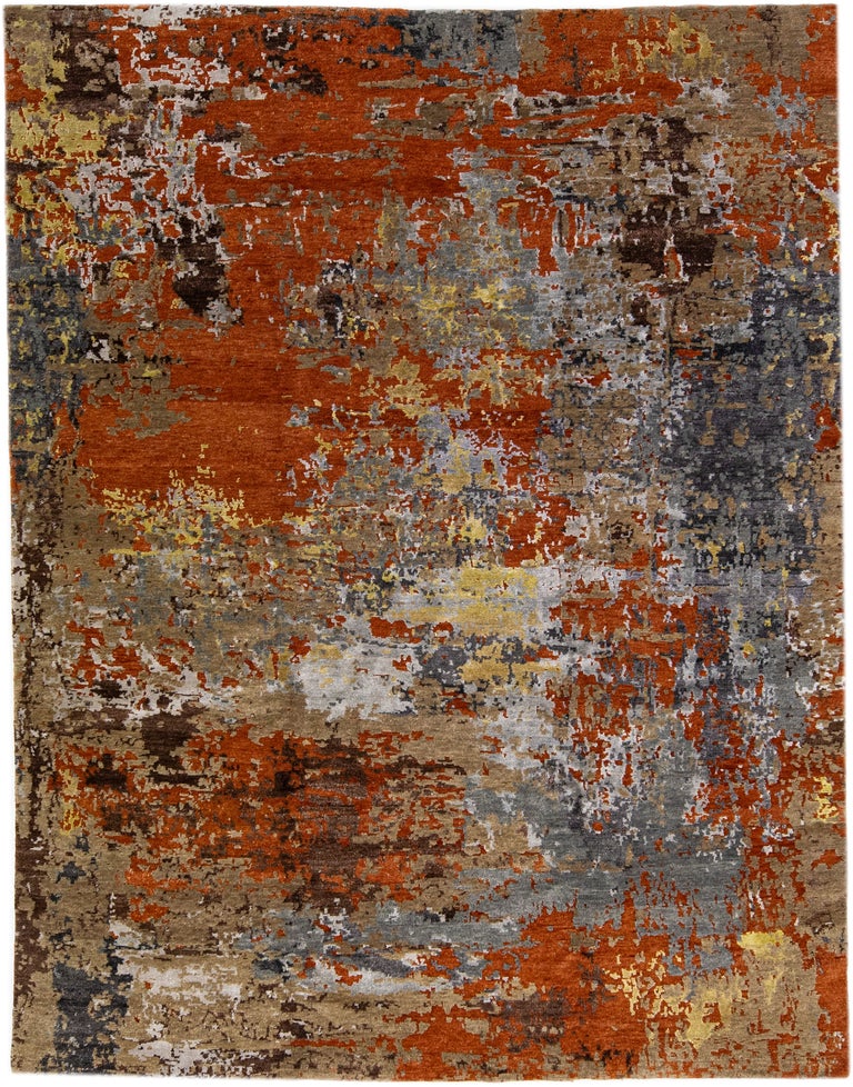 Abstract Orange Wool and Silk Rosewood Rug For Sale at 1stDibs