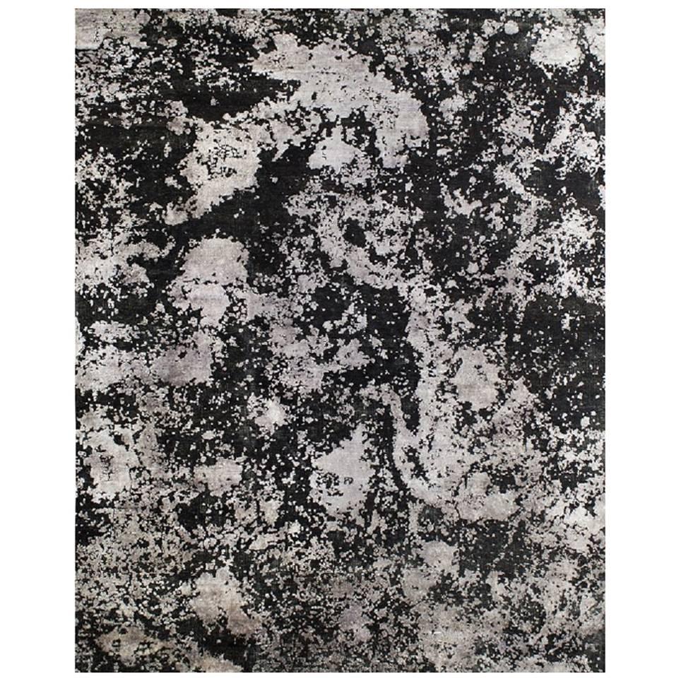 Black Grey Abstract Sustainable Wool Silk Hand-knotted Rug in Stock or ...