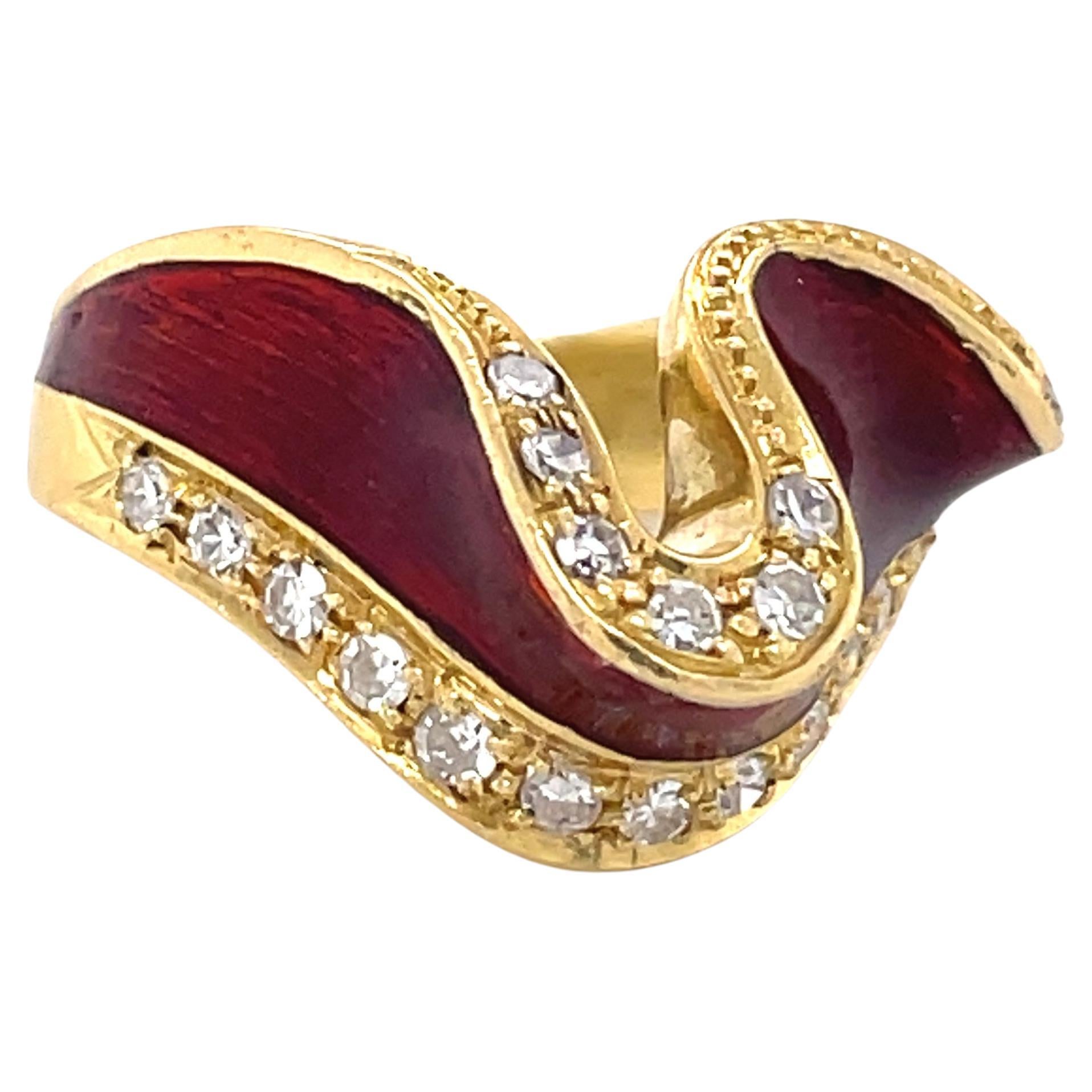 Abstract Red Enamel Vintage Ring, 0.25CT Natural Diamond, 18k Yellow ...
