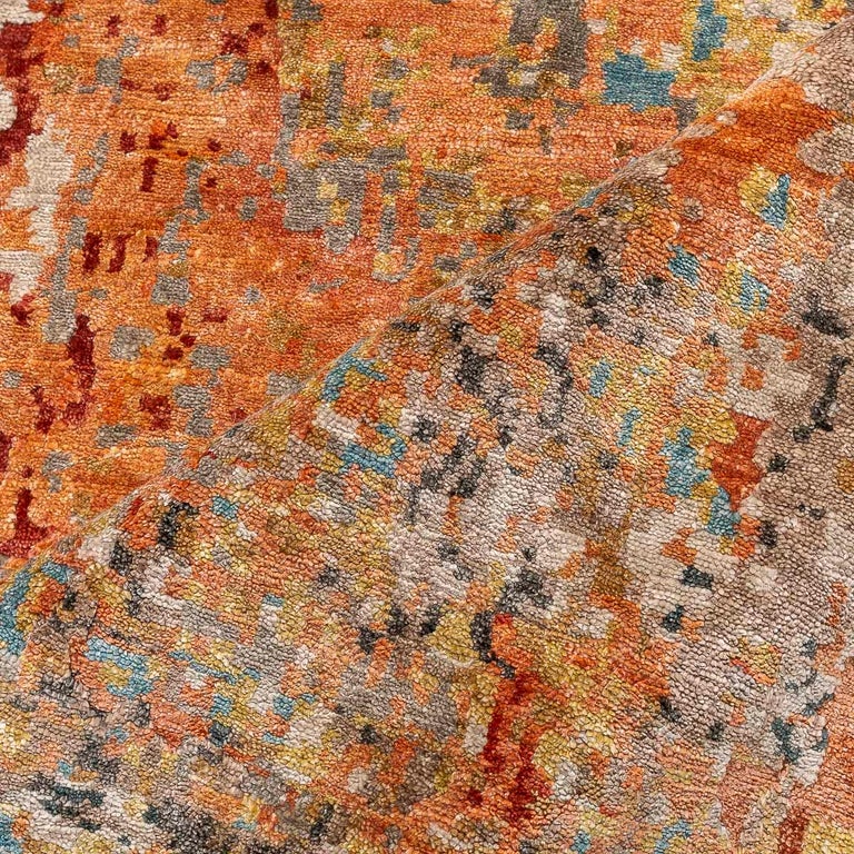 Abstract Silk and Wool Rug, Design in Soft Colors over Orange and Gray ...