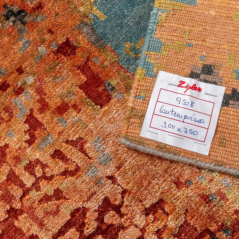 Abstract Silk and Wool Rug, Design in Soft Colors over Orange and Gray ...