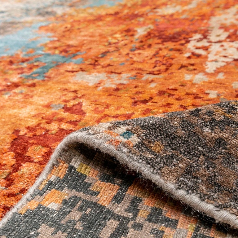 Abstract Silk and Wool Rug, Design in Soft Colors over Orange and Gray ...