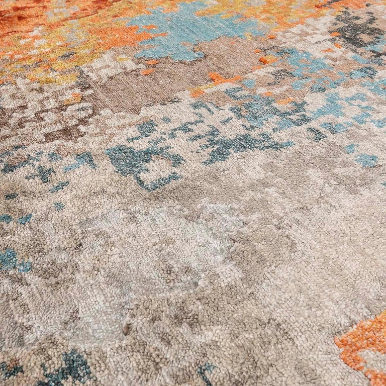 Abstract Silk and Wool Rug, Design in Soft Colors over Orange and Gray ...