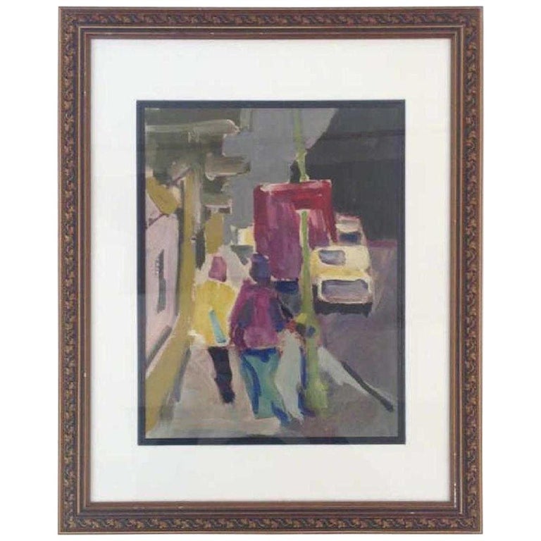 Abstract Street Scene Oil-on-Paper Painting For Sale at 1stDibs