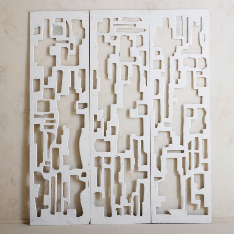 Abstract Wood Triptych with Geometric Cutouts, France 20th Century For ...