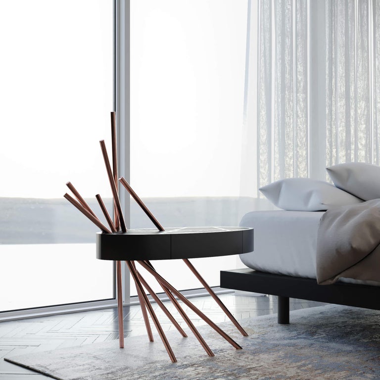 Accent Bedside Table in Black Oak Wood, Black Lacquer and Brushed ...