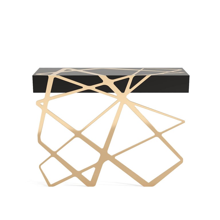 Accent Organic Console Table in Black Lacquered Wood and Brushed Brass ...
