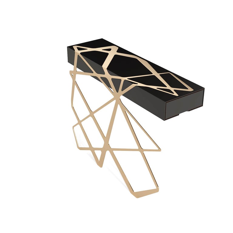 Accent Organic Console Table in Black Lacquered Wood and Brushed Brass ...