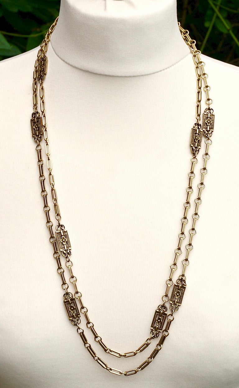 Accessocraft NYC Long Antiqued Gold Tone Flower Link Chain Necklace ...