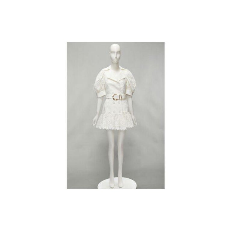 ACLER white embroidery eyelet puff sleeve belted double breasted dress ...