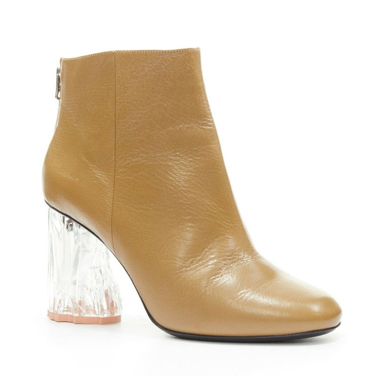 ACNE STUDIOS Ora tan leather glass sculpted chunky heel round toe bootie EU37 For Sale at 1stDibs
