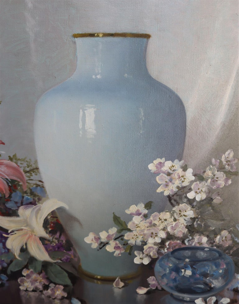 A.D. Greer - Floral Still-life with Light Blue Vase at 1stDibs
