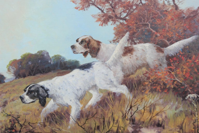 A.D. Greer - Naturalistic Landscape Oil Painting of Two English Pointer Hunting Dogs at 1stDibs