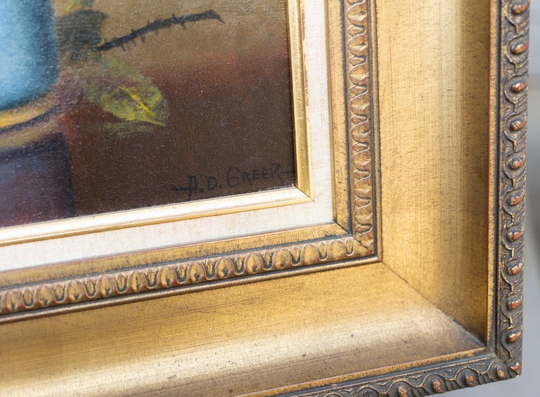 A.D. Greer - Still Life with Pink Roses in a Blue Vase For Sale at 1stDibs