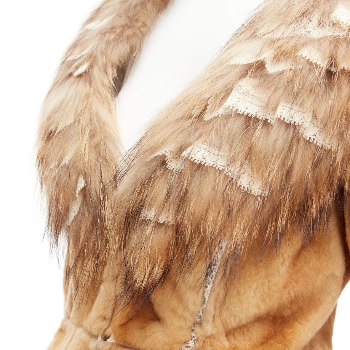 ADAM JONES brown fur lace trim collar tiered sleeve fitted jacket IT38 ...