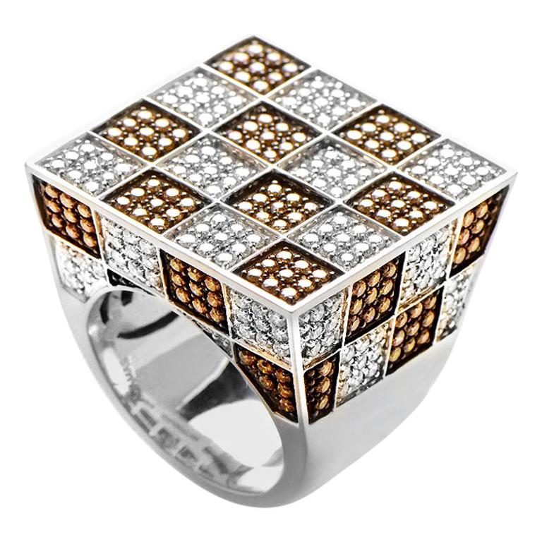Adamas 18 Karat White Gold White and Brown Diamond Pave Checkered Ring ...