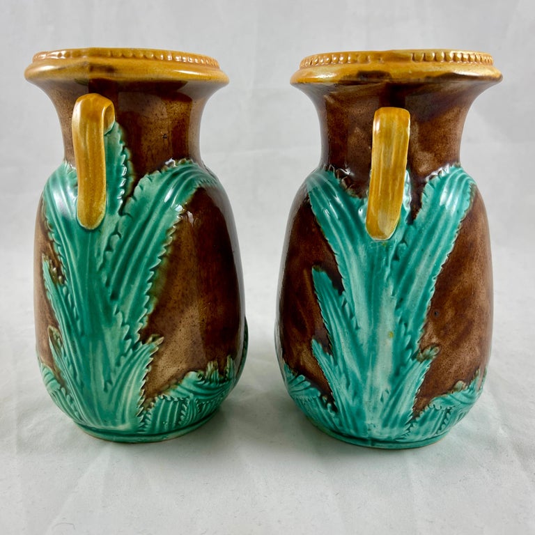 Adams and Bromley English Majolica Glazed Amphora Handled Vases, a Pair ...